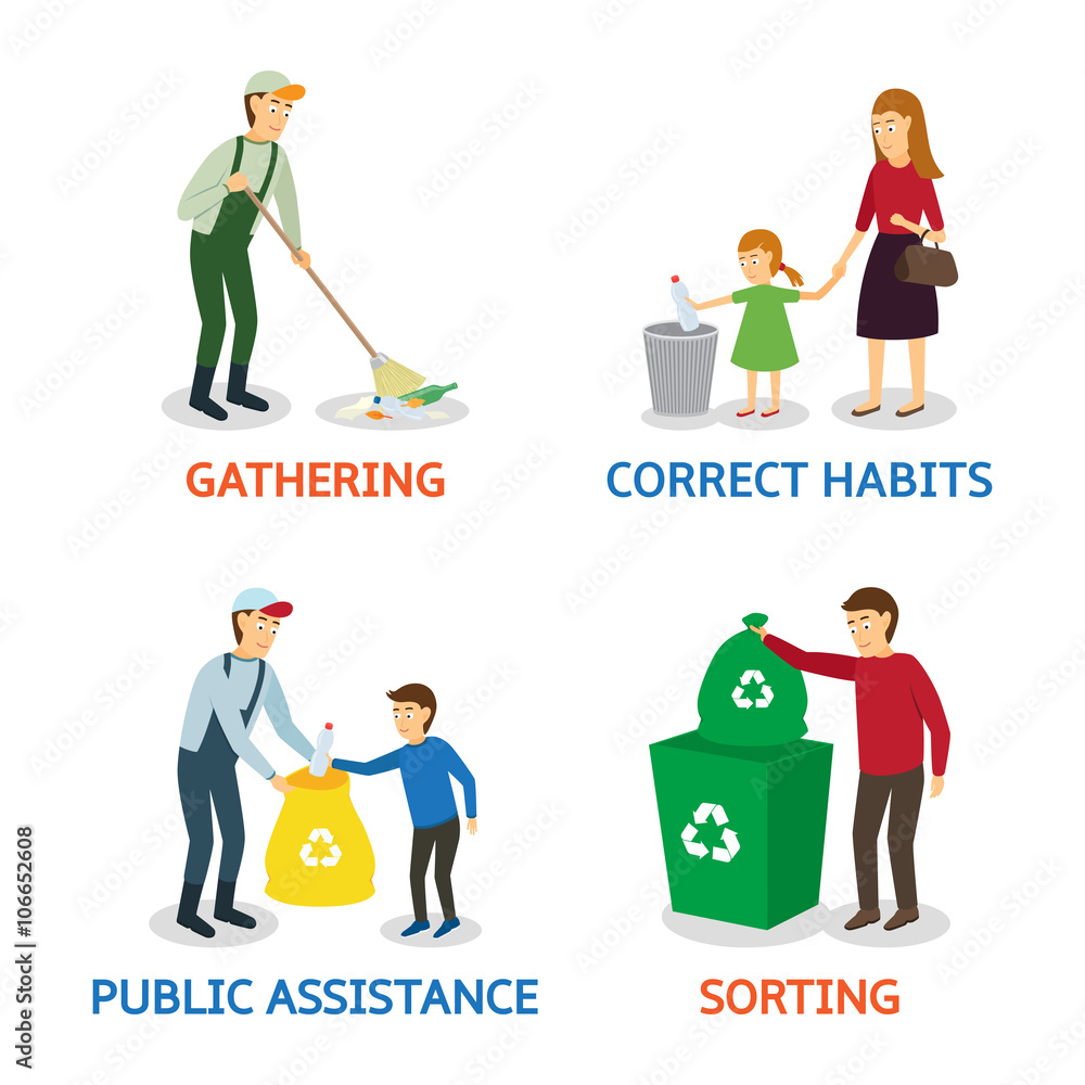 Vector set of cartoon people gathering garbage. Vector illustration of ...