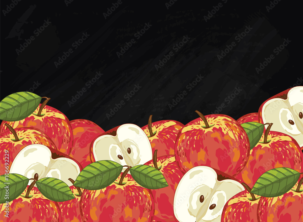 Apple on chalkboard background. Apple composition, plants and leaves ...