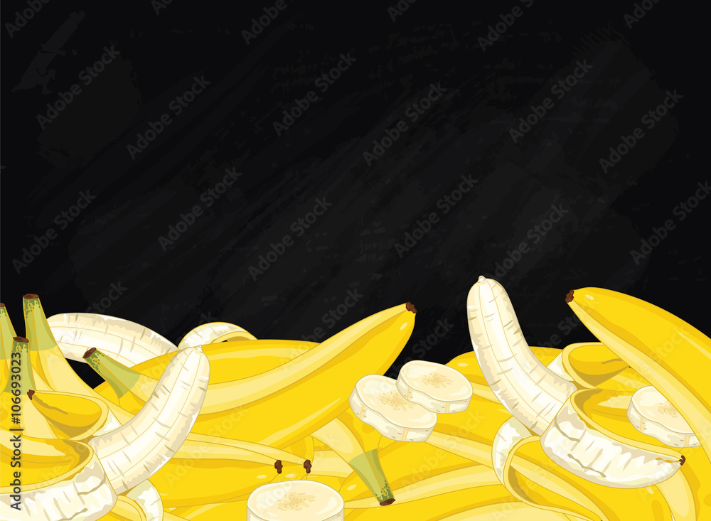Banana on chalkboard background. Banana composition, plants and leaves ...