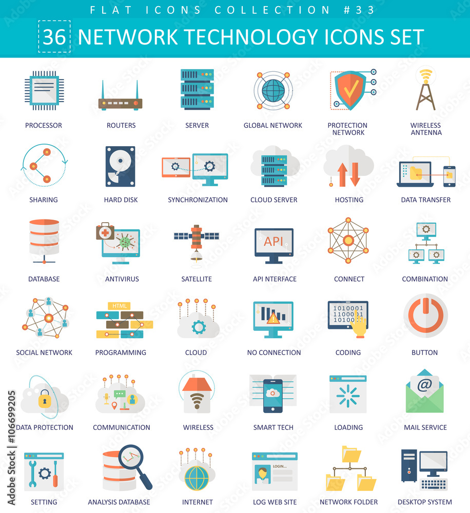 Vector Network technology color flat icon set. Elegant style design ...