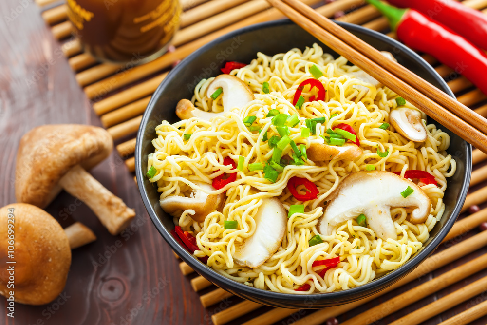 Instant noodles with shiitake mushrooms in a bowl, Asian traditional ...