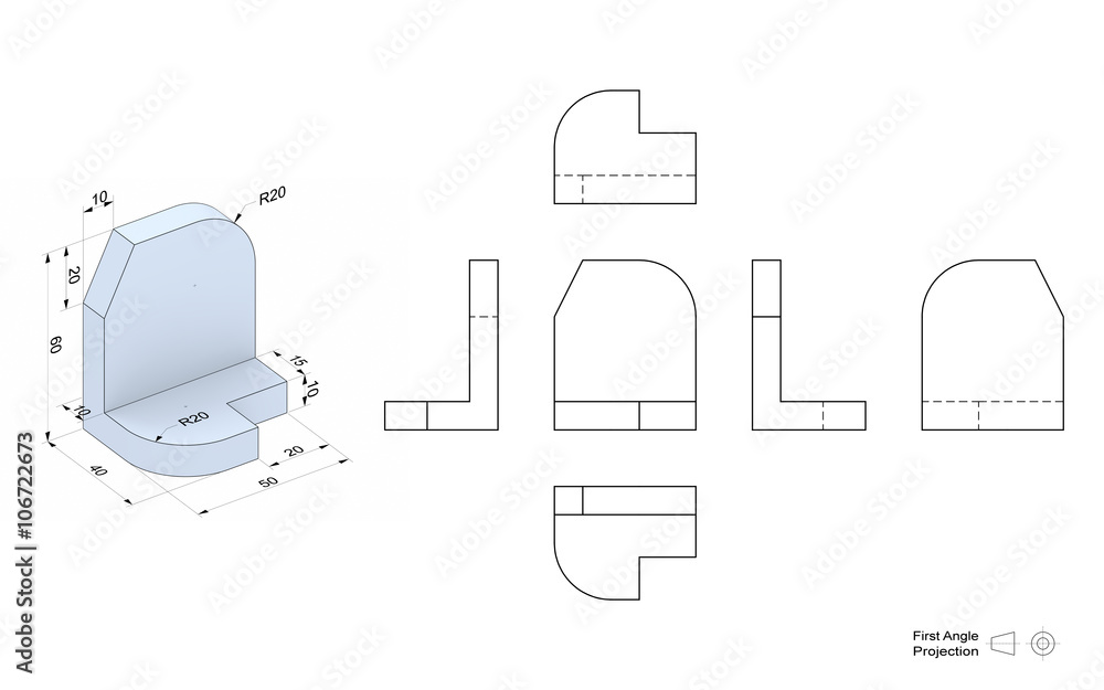 Photo & Art Print Technical Drawing with perspective and orthogonal ...