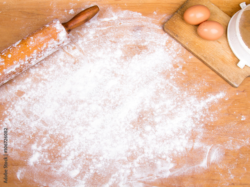 baking background with pastry board, rolling pin and eggs Stock Photo ...