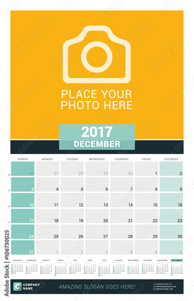 December 2017. Wall Monthly Calendar for 2017 Year. Vector Design Print ...