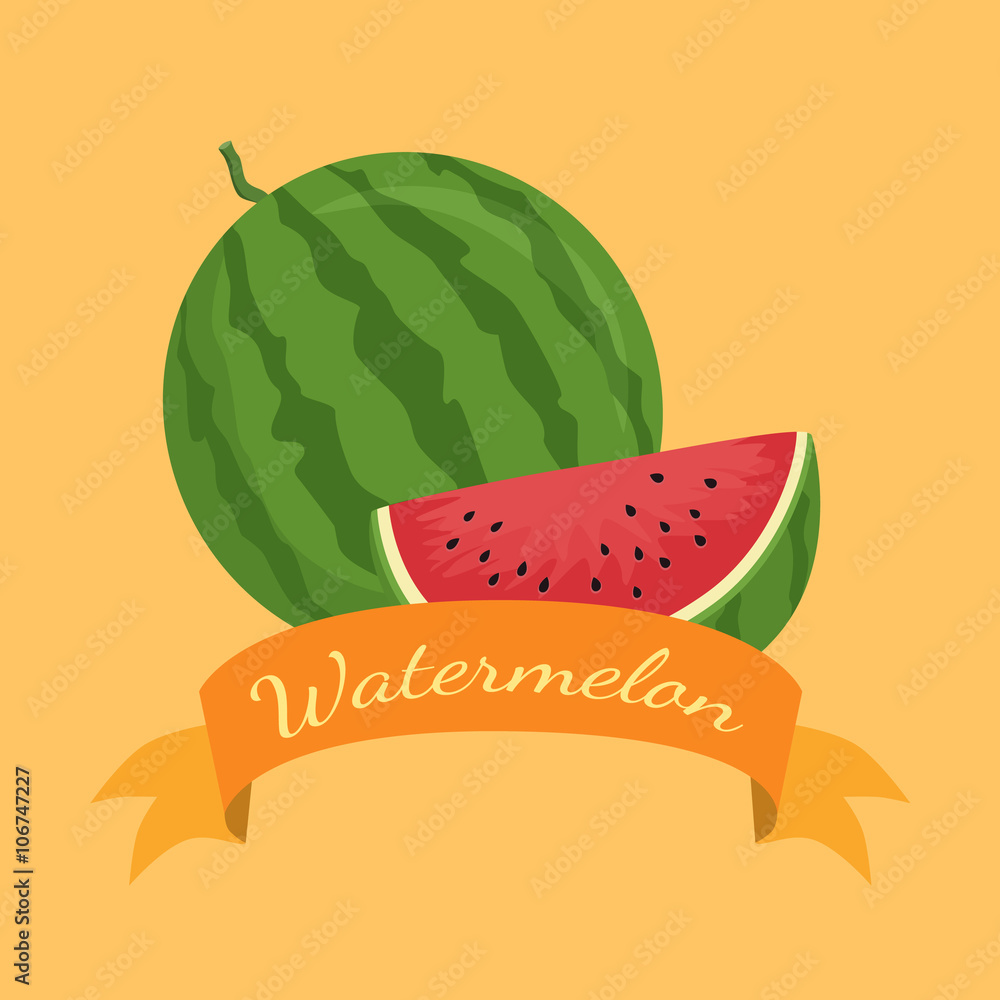 Watermelon Fruit Design Poster Vector Illustration with Red Banner and ...