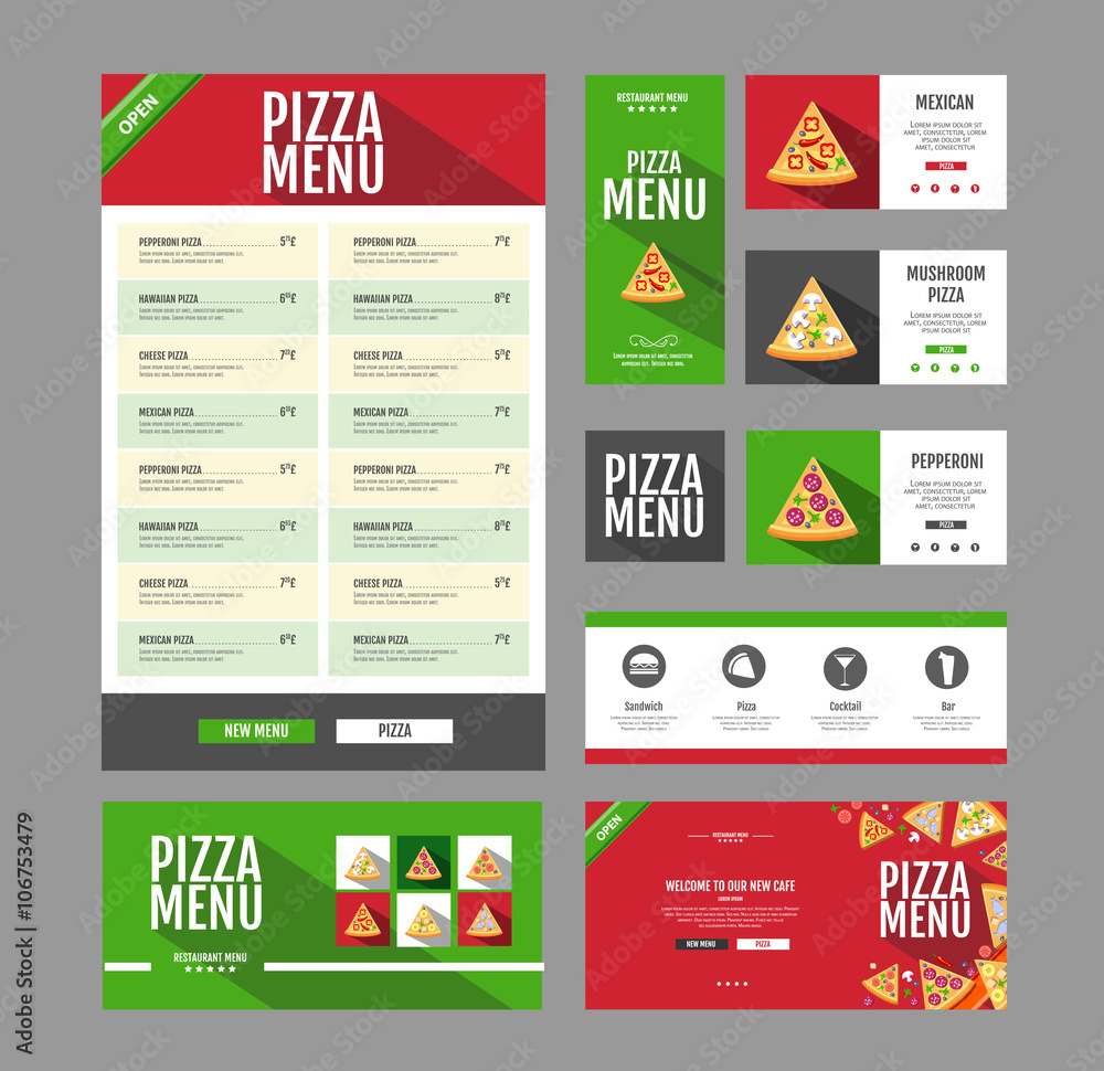 Flat style pizza menu design. Document template. Corporate identity ...