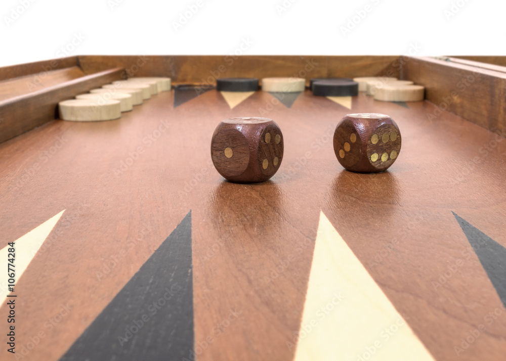 Backgammon shoot dice game. Dice and chips on a dock in the middle of ...