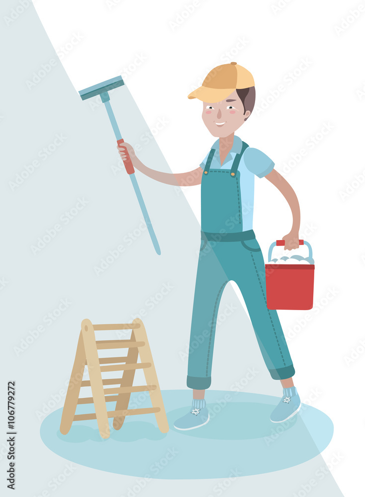 Vector illustration of window washer holding wiper in his hand and ...