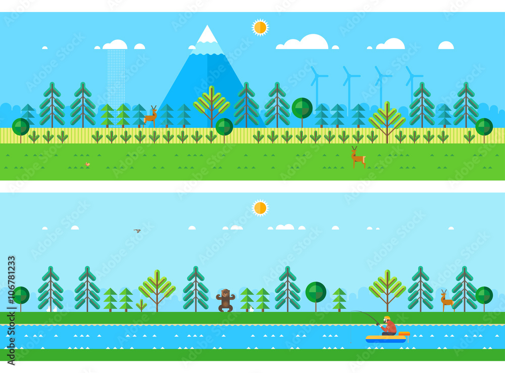 Two horizontal banners - forest at the foot of the mountain. Fisherman ...