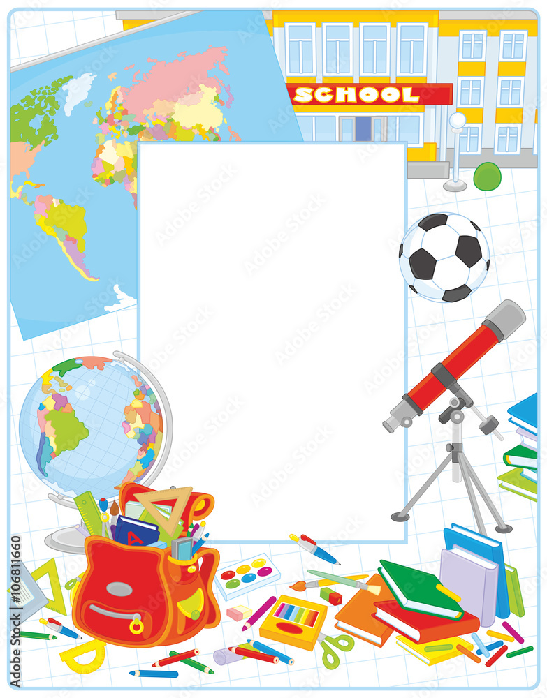 School border frame with a globe, a schoolbag and other educational ...