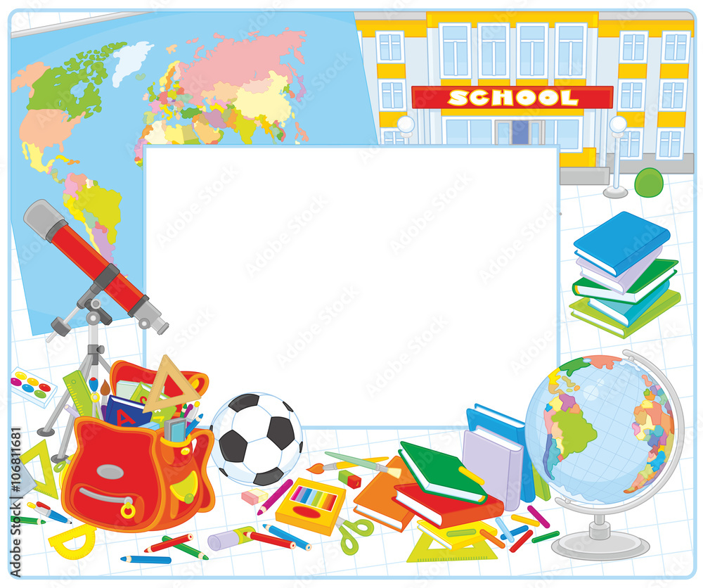 School border frame with a globe, a schoolbag and other educational ...