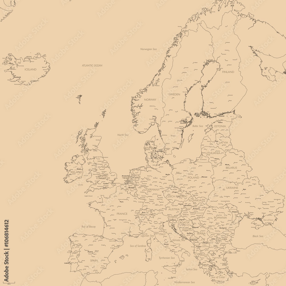 Old vector map of Europe | Contour detailed Europe political map with ...