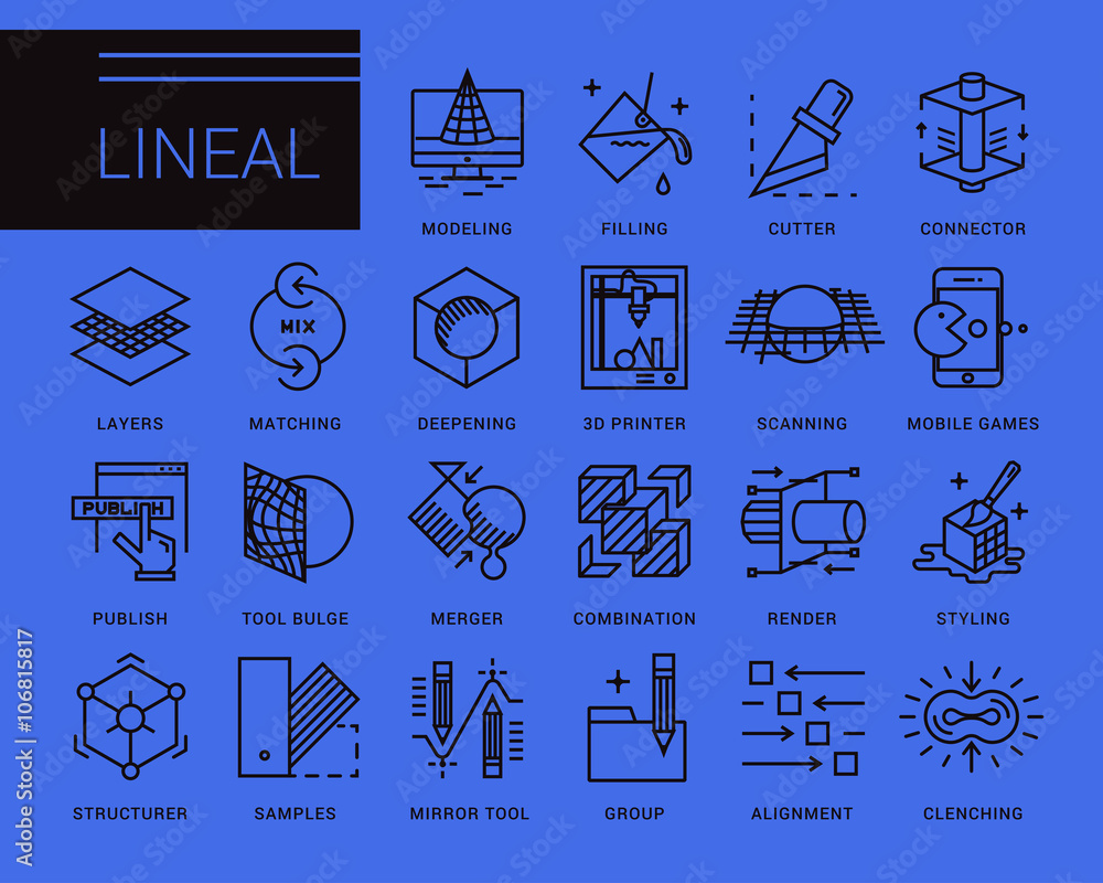 Line vector icons in a modern style. 3D design, working with objects ...