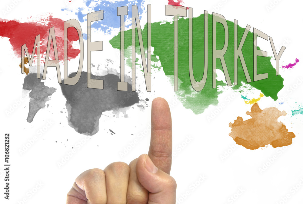 made in Turkey written World map in picture paints multicolor style on ...