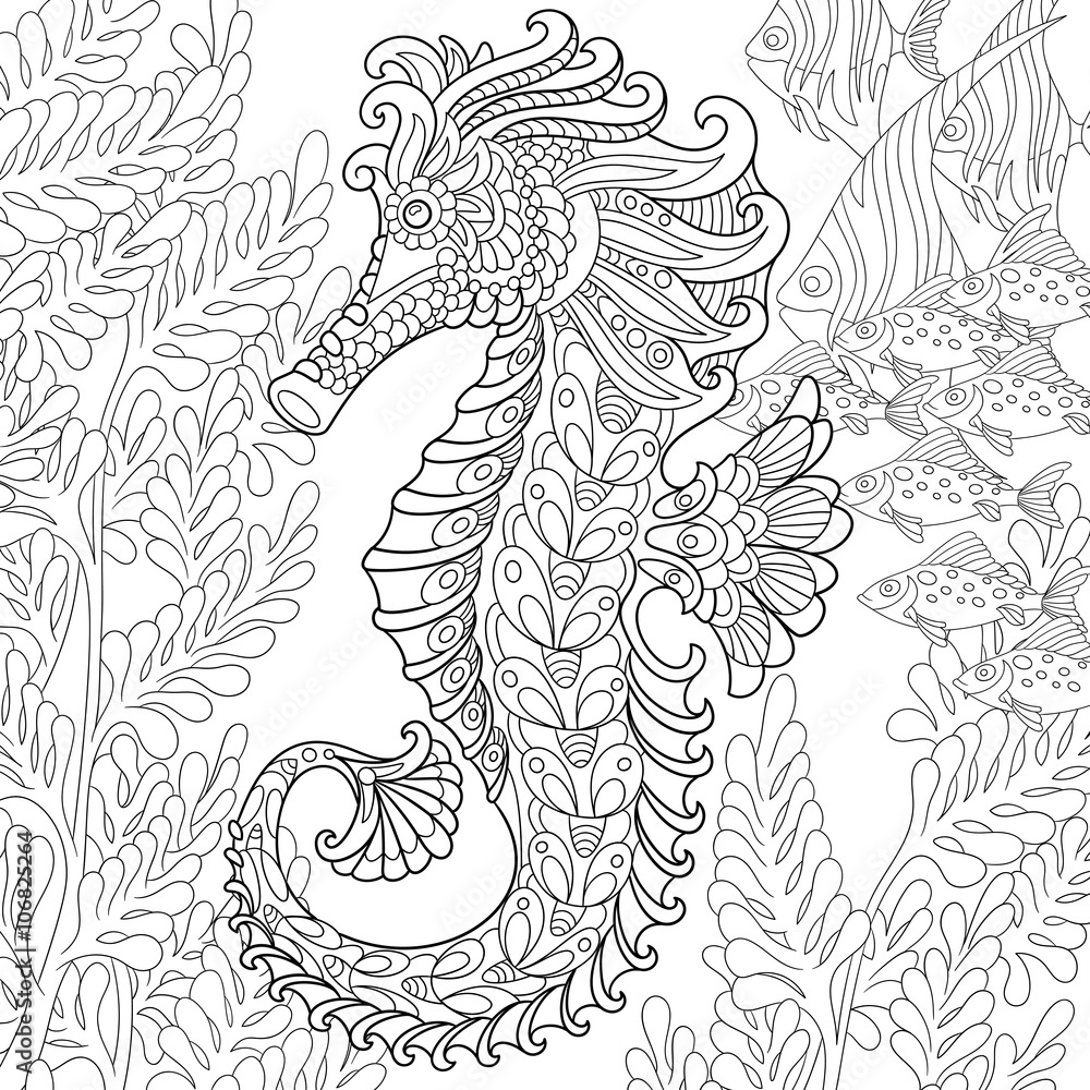 Zentangle stylized cartoon seahorse and tropical fish among seaweed ...