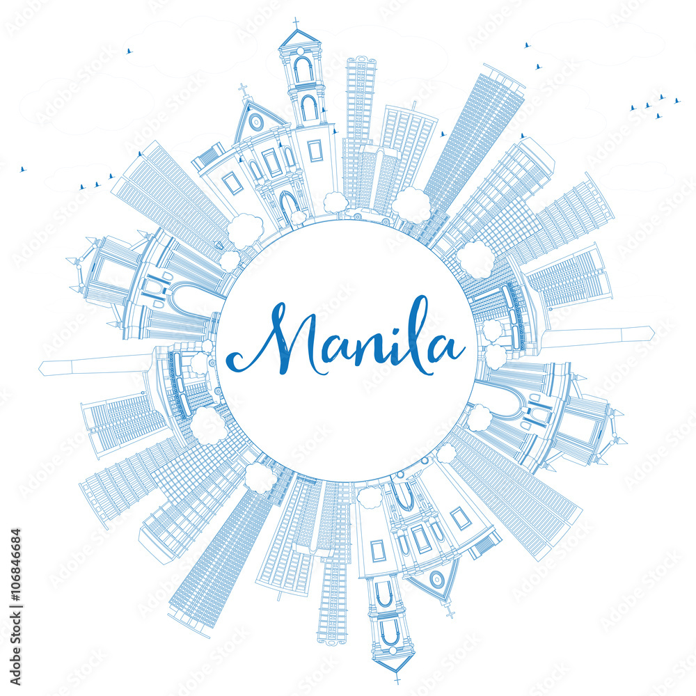 Outline Manila Skyline with Blue Buildings. Stock Vector | Adobe Stock