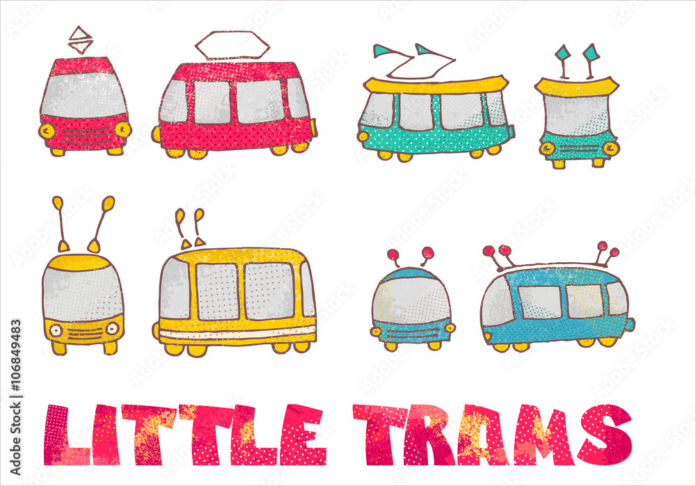 Set of cute cartoon trams. Isolated vector objects. Stock Vector ...