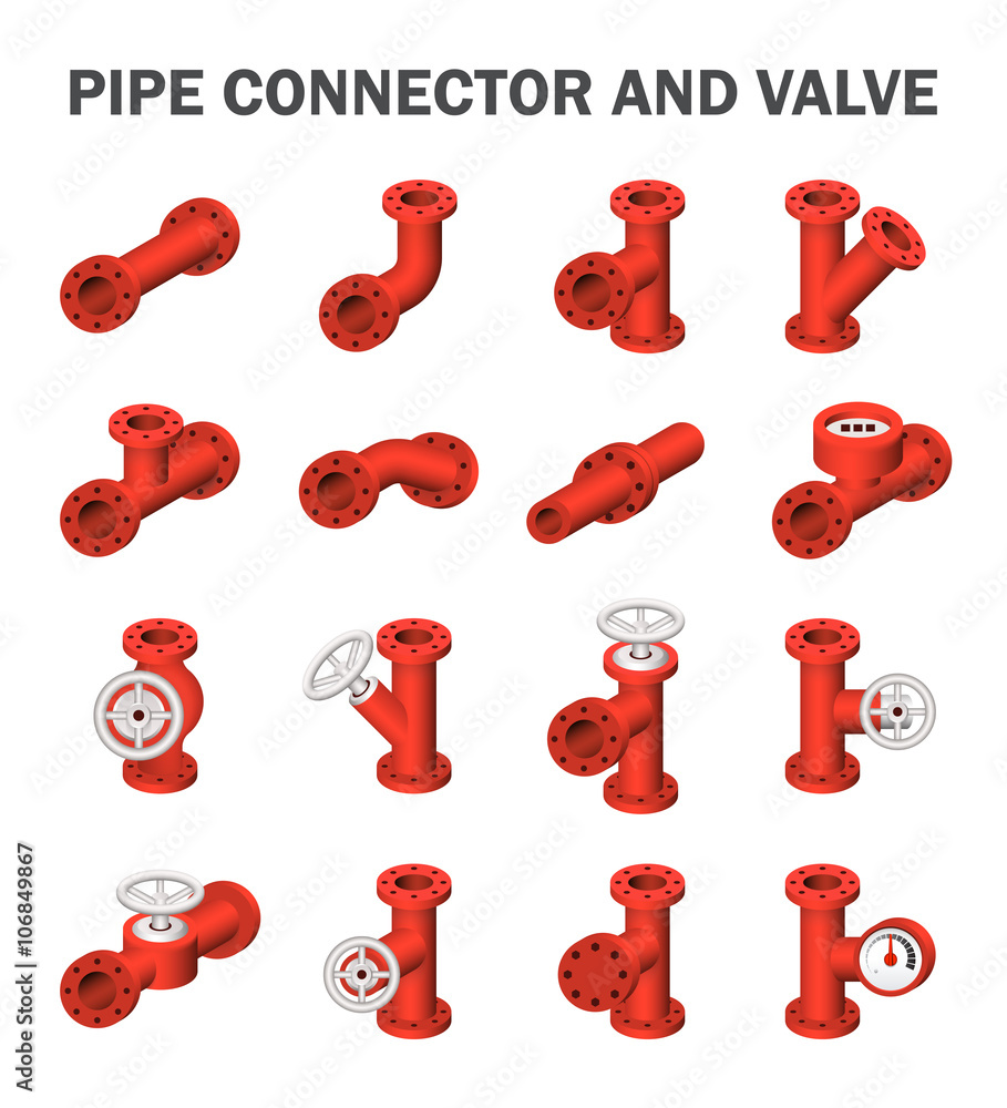 Pipe icon and flange fitting. Include control valve and pressure gauge ...