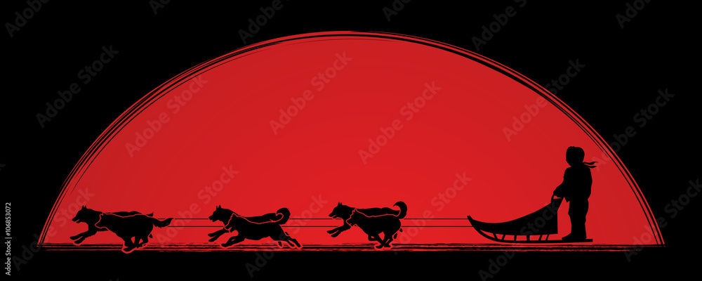 Sled Dogs designed on sunset background graphic vector. Stock Vector ...