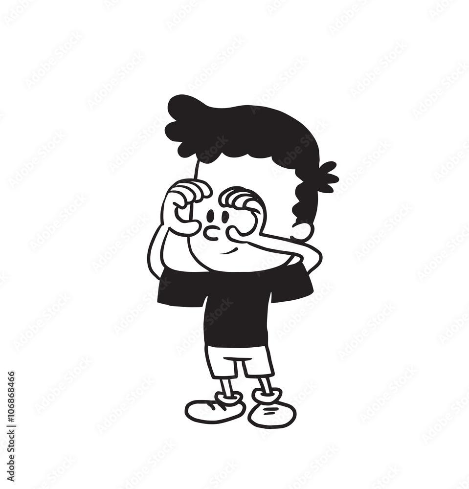 Vector cartoon image of a cute little boy in shorts and t-shirt holds ...