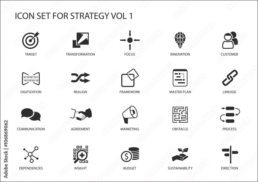 Strategy icon set. Various symbols for strategic topics like target ...