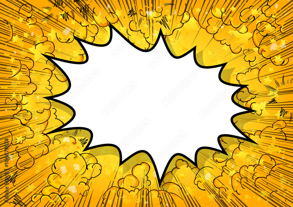 Comic book, cartoon illustration of explosion background with writing ...