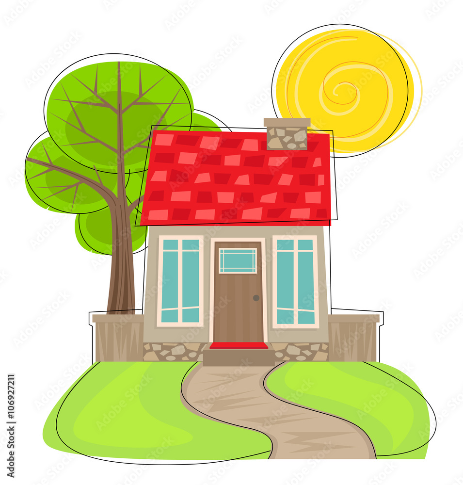 Cute House With Tree - Stylized cartoon house with front lawn, pathway ...