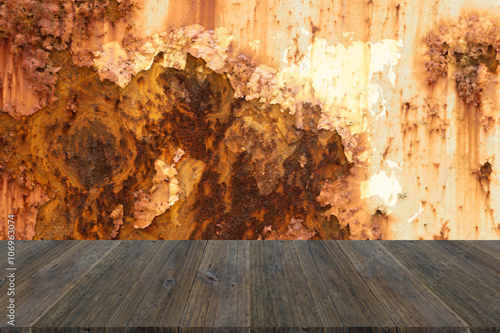 Metal rust wall texture surface with Wood terrace and world map Stock ...