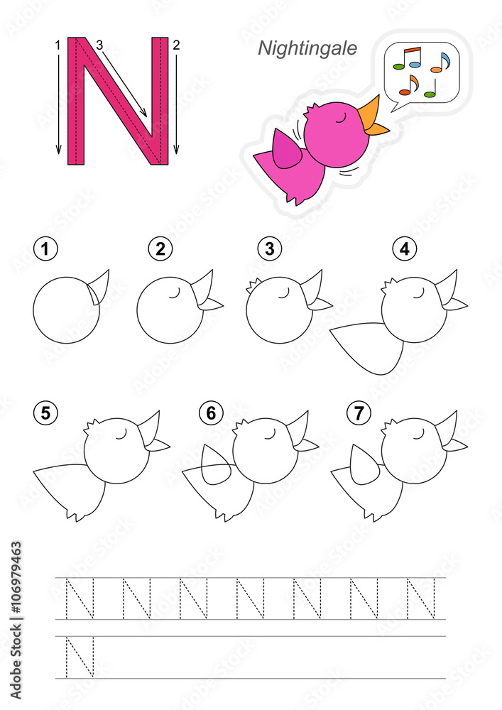 Drawing tutorial. Game for letter N Stock Vector | Adobe Stock