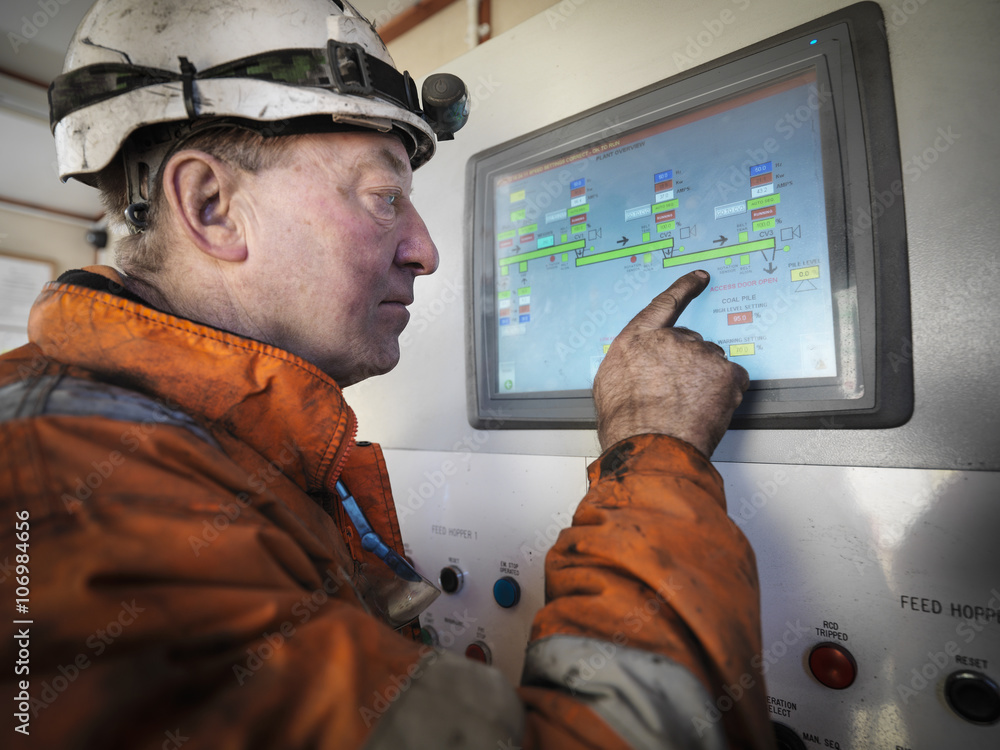 Miner operating process control panel in surface coal mine Stock Photo ...