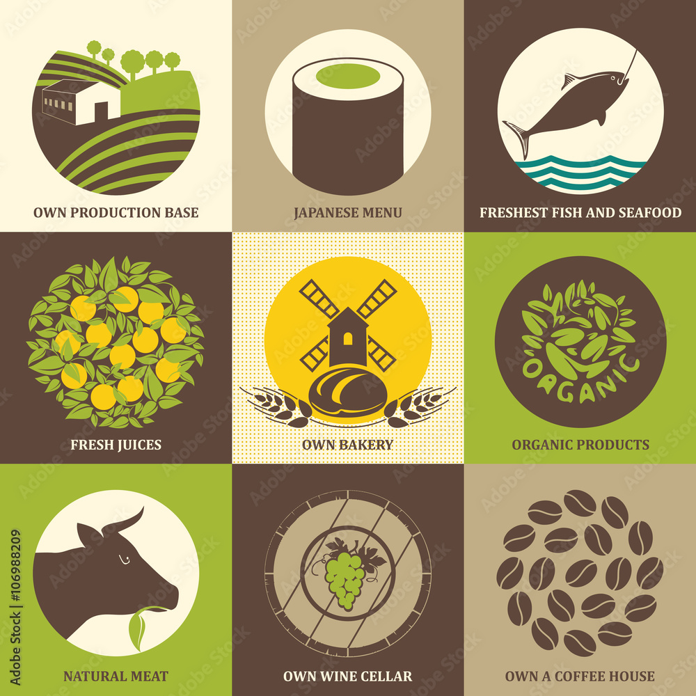 Set of icons for food, restaurants, cafes and supermarkets. Organic ...