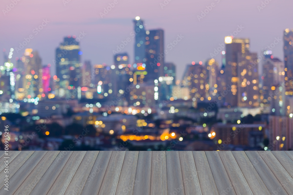 Opening wooden floor, Abstract blurred bokeh city lights downtown ...