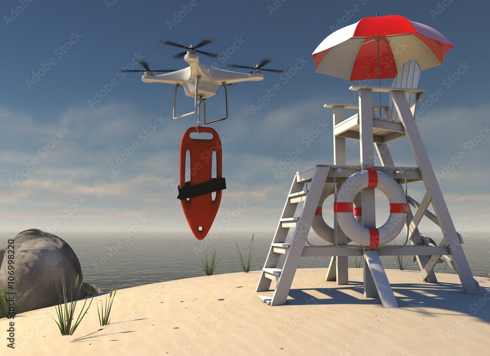 Flying Drone with lifebuoy leaving Lifeguard Tower Stock イラスト | Adobe Stock