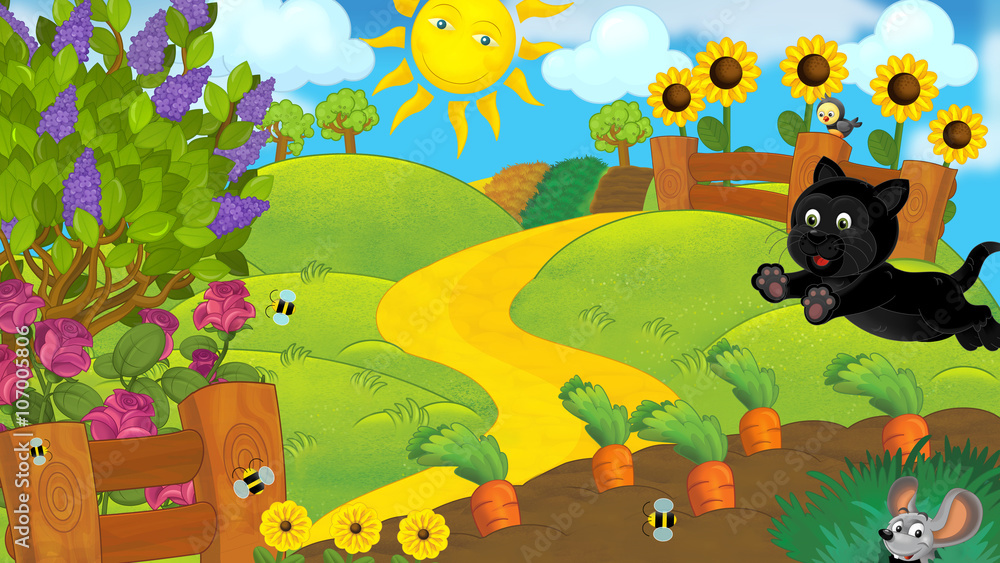 Cartoon happy farm scene with black cat and mouse playing ...