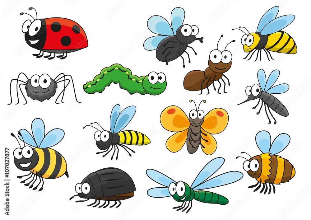 Colorful cartoon smiling insects characters Stock Vector | Adobe Stock