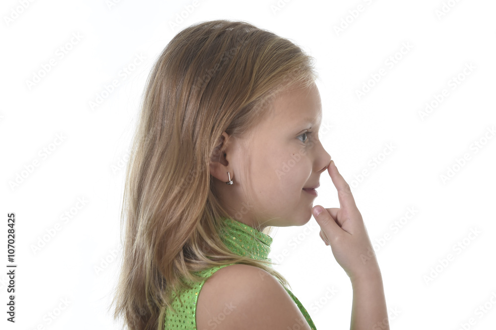 cute little girl pointing her nose in body parts learning school chart ...