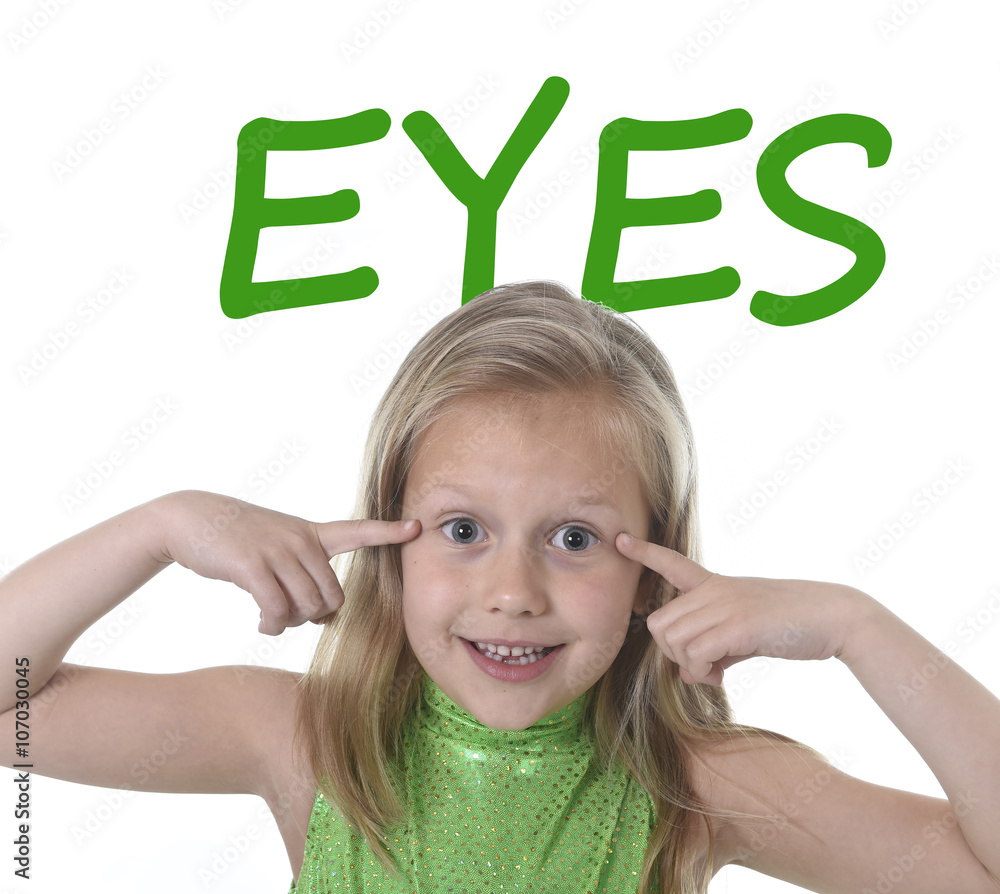 cute little girl pointing her eyes in body parts learning school Stock ...