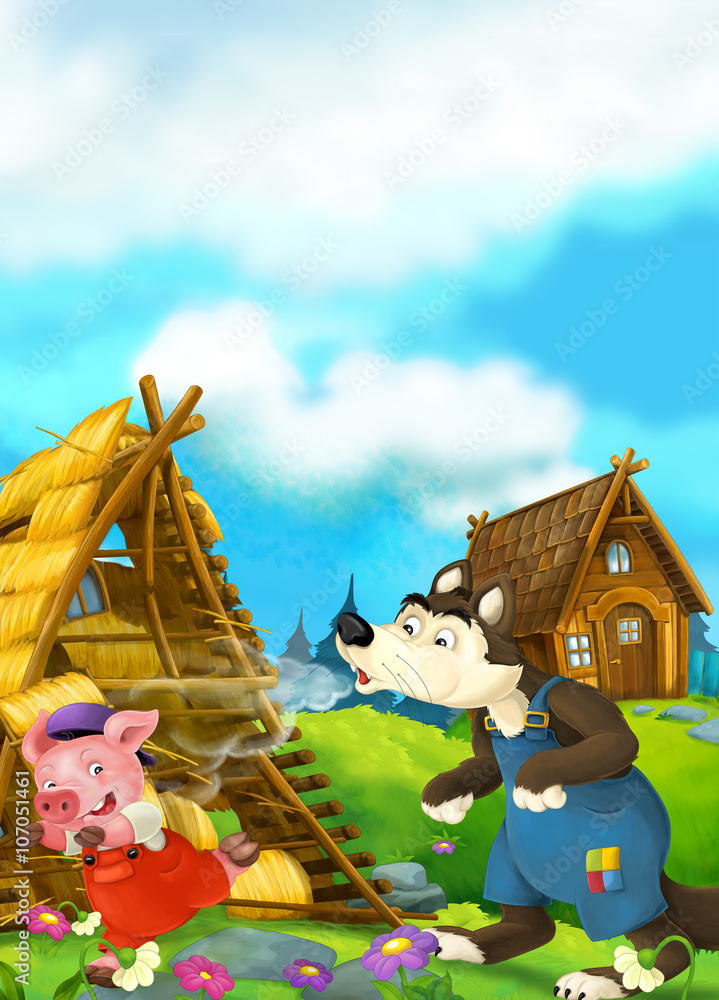 Cartoon scene of house being demolished - wolf puffing and pig running ...