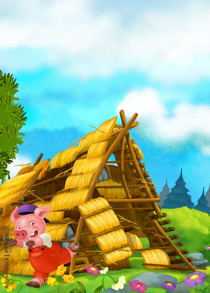 Cartoon scene of house being demolished - pig running - illustration ...