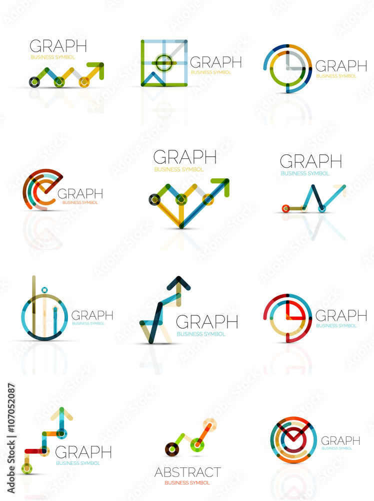 Linear graph and chart abstract logo set, connected multicolored line ...