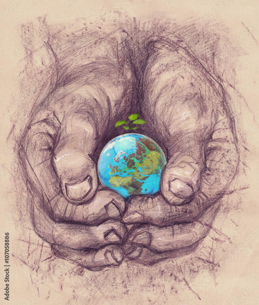 Conceptual poster for Earth Day. Human hands holding and protect a ...