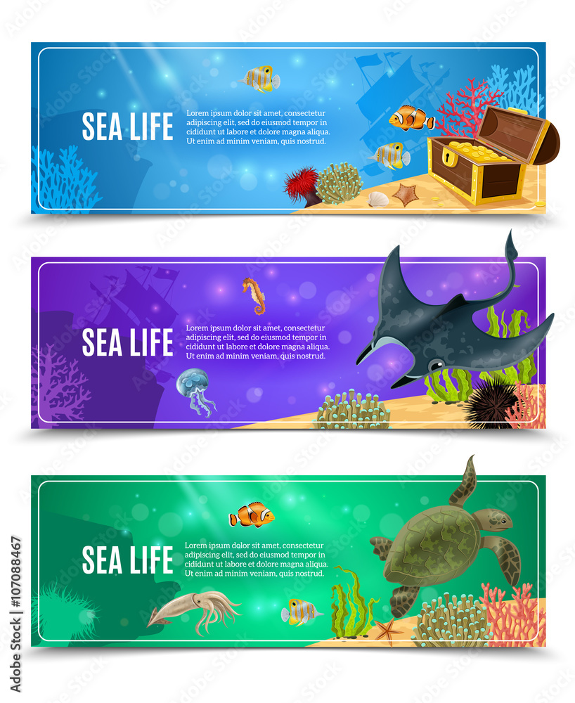 Sea Life Banner Set Stock Vector | Adobe Stock