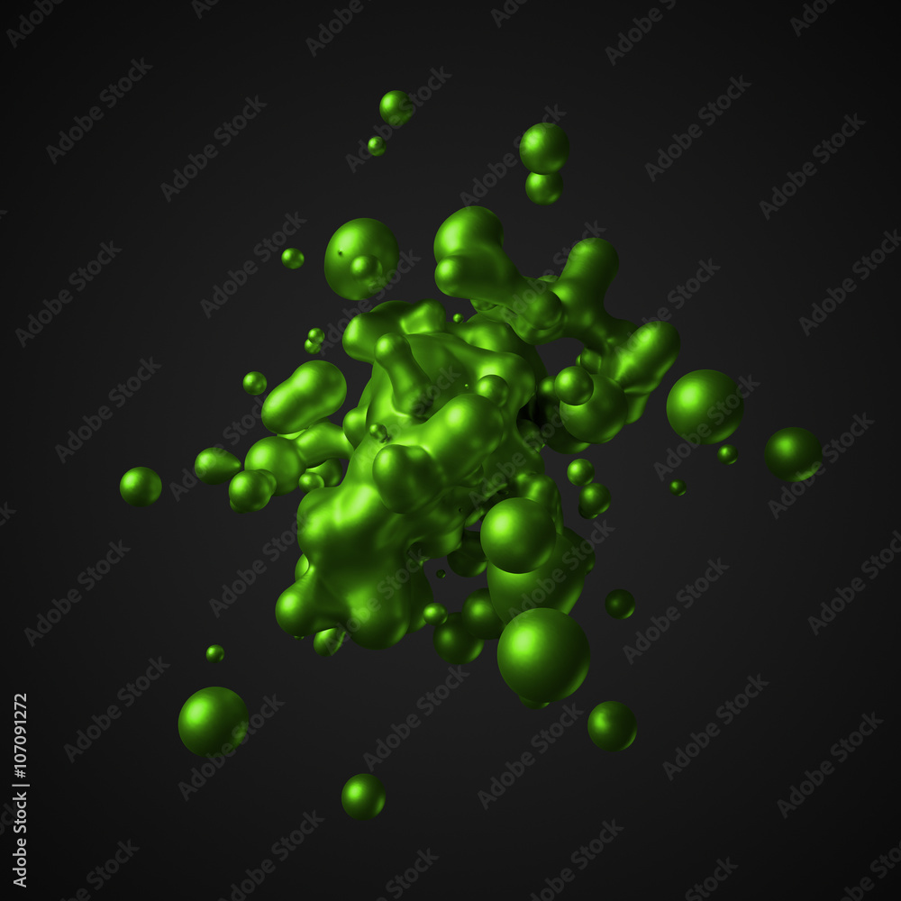 Abstract 3d rendering of chaotic liquid in empty space. Background with ...
