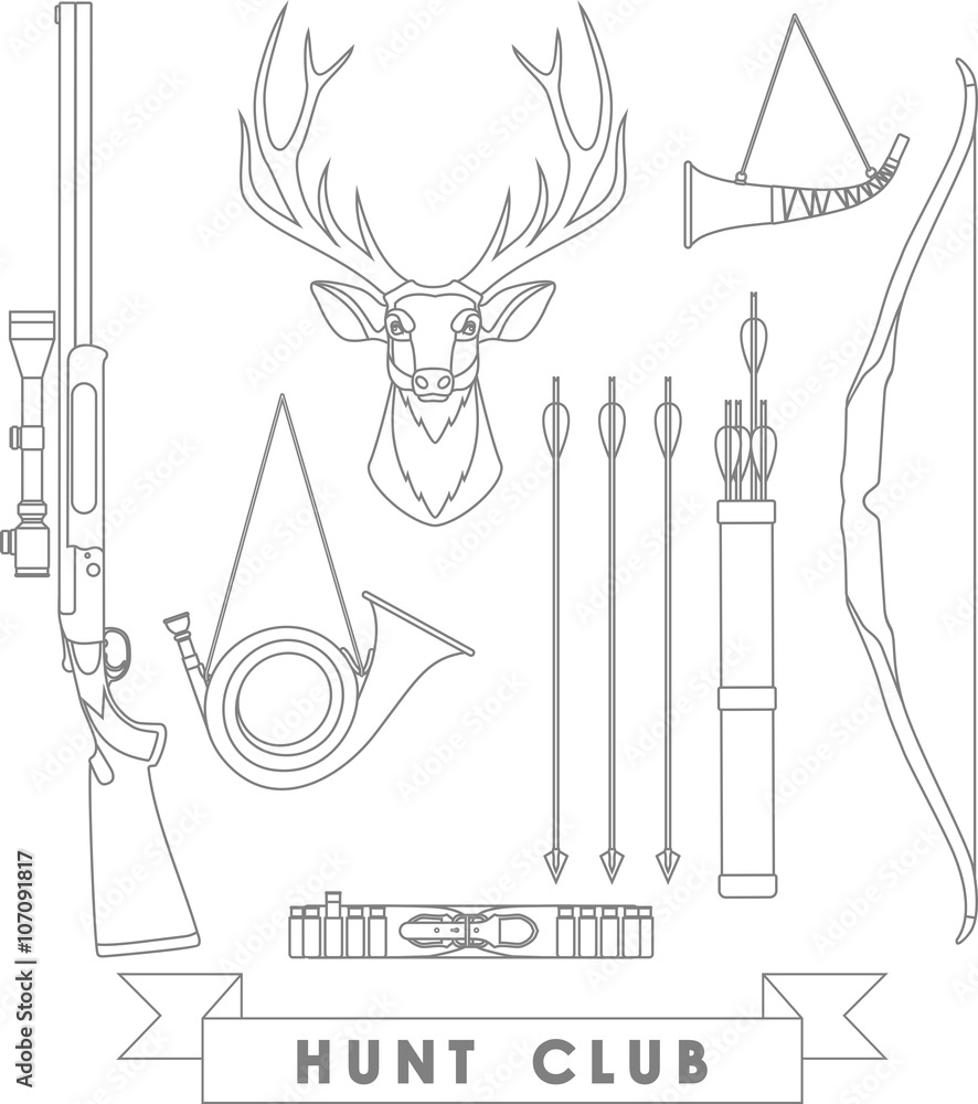 Set of different silhouettes hunting design elements flat linear vector ...