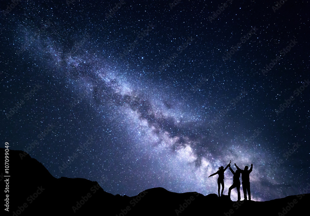 Landscape with blue Milky Way. Night starry sky with silhouette of a ...