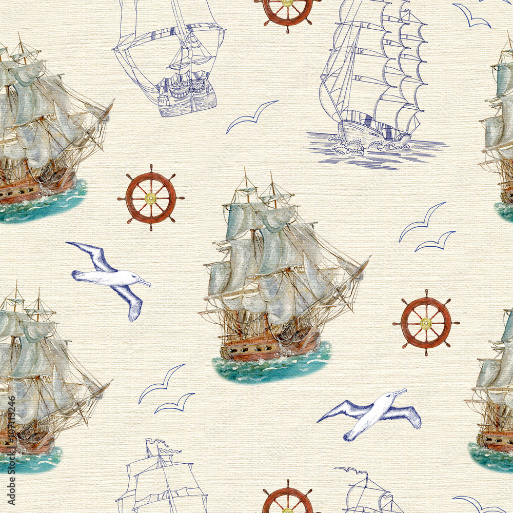 Seamless background with sailing vessels Stock Photo | Adobe Stock