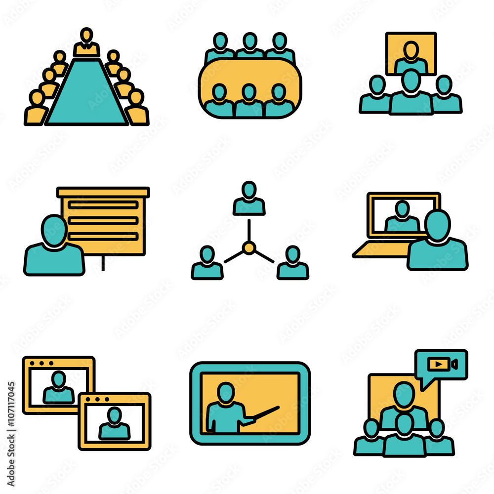 Vector flat line conference icons set. Business communication ...