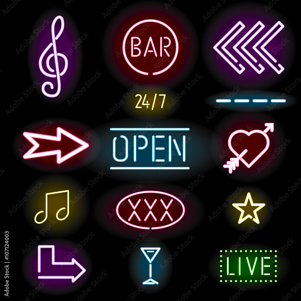 Glowing neon signs, icon set, vector illustration Stock Vector | Adobe ...