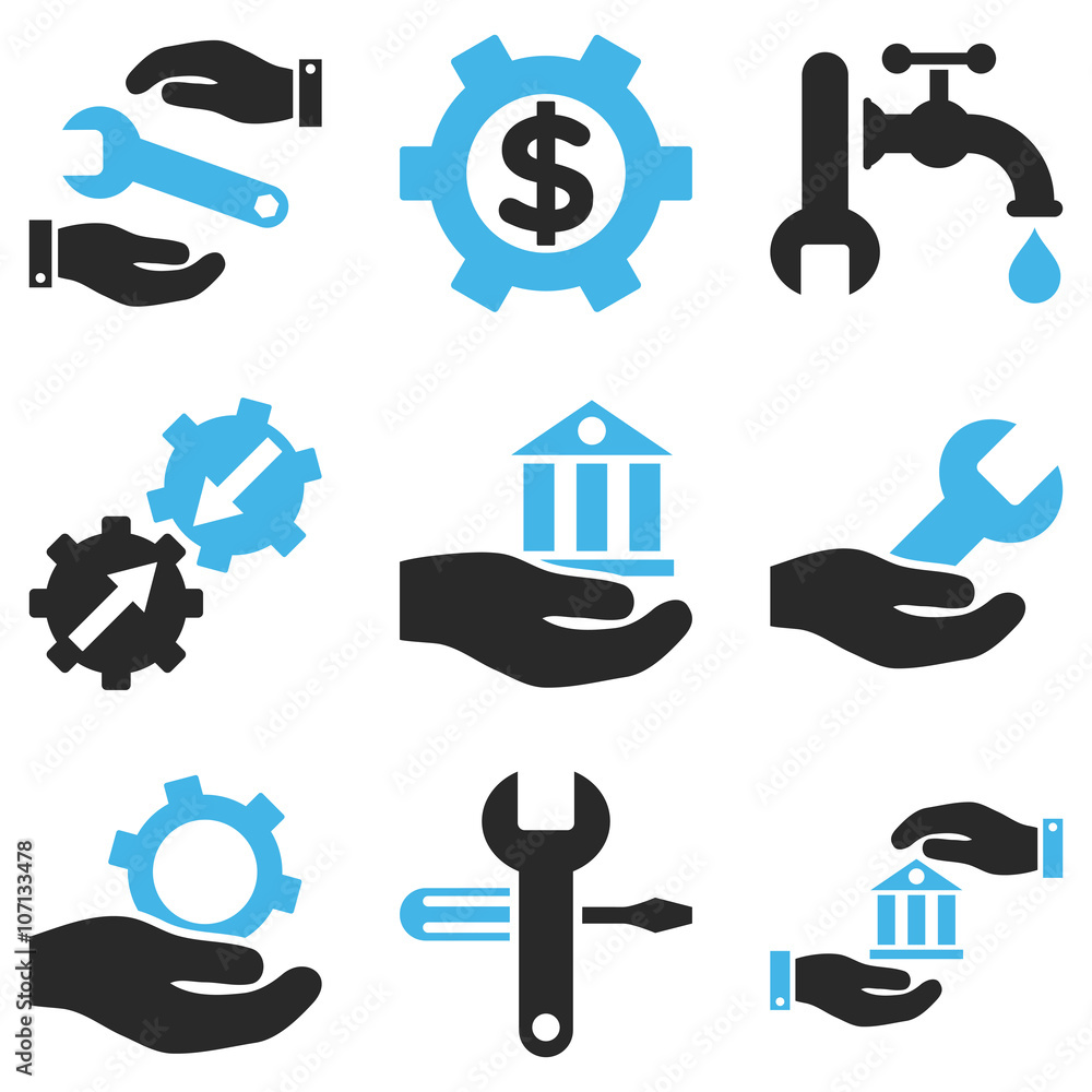 Service Tools vector icon set. Style is bicolor blue and gray flat ...