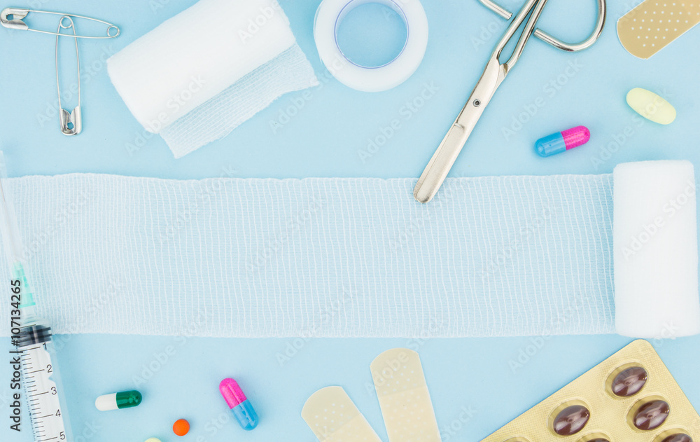 Medical equipment, on light blue background with copy-space Stock Photo ...